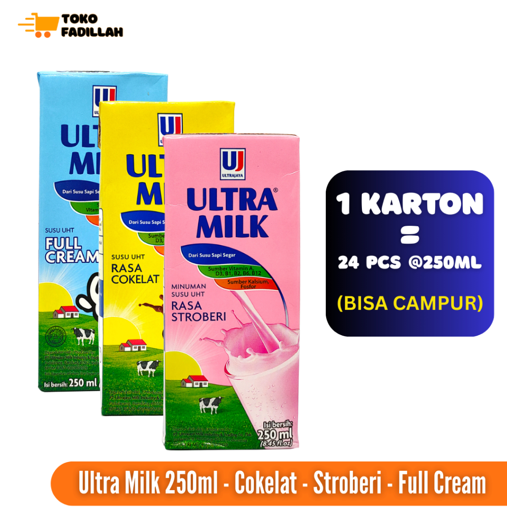 Jual Ultra Milk Susu UHT 250ml 1 Dus isi 24 pcs (Full Cream / Cokelat / Stroberi) | Shopee Indonesia