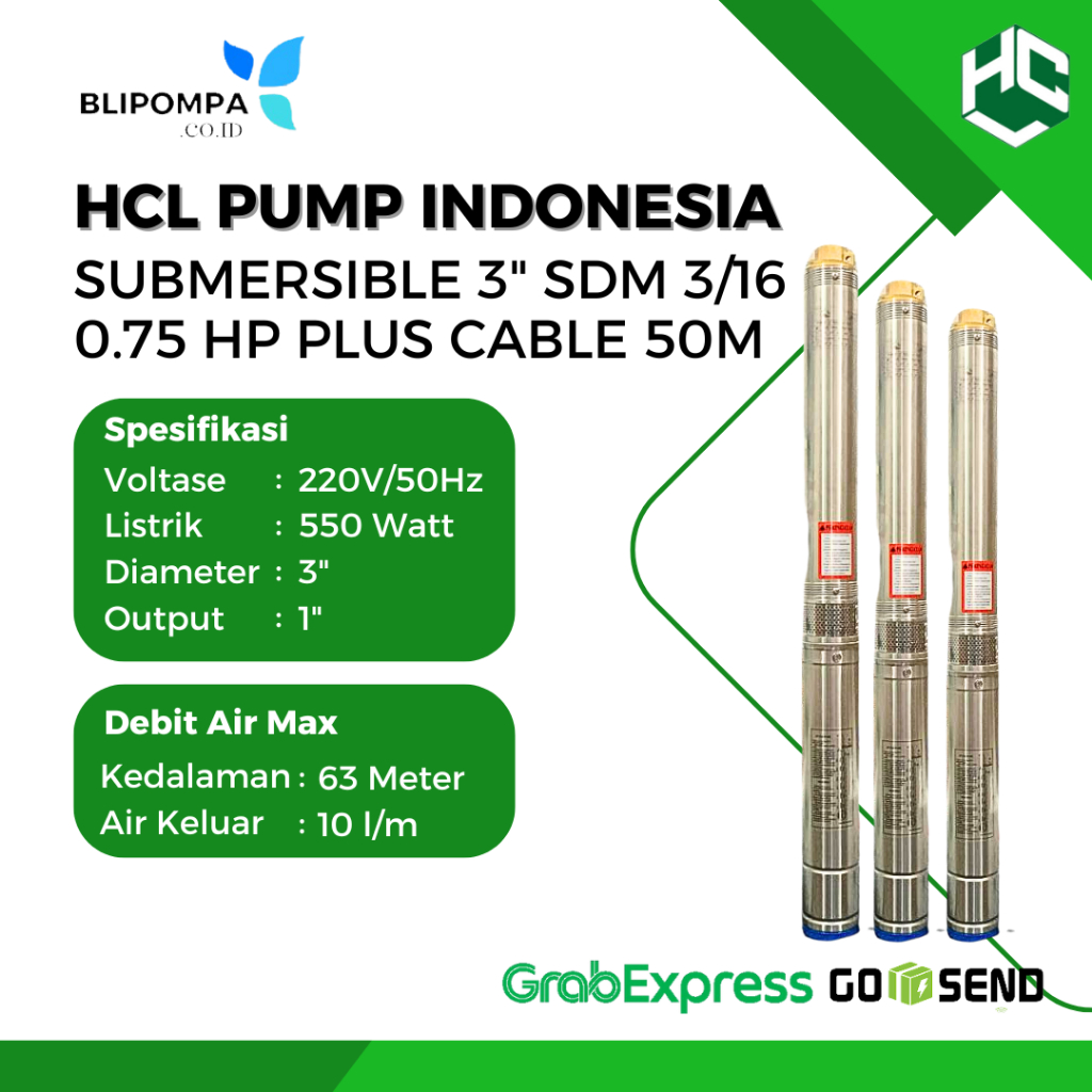 Jual POMPA SUBMERSIBLE HCL 3 inch SDM 3/16 0,75 HP PLUS KABEL 50 METER - pompa satelit pompa ...