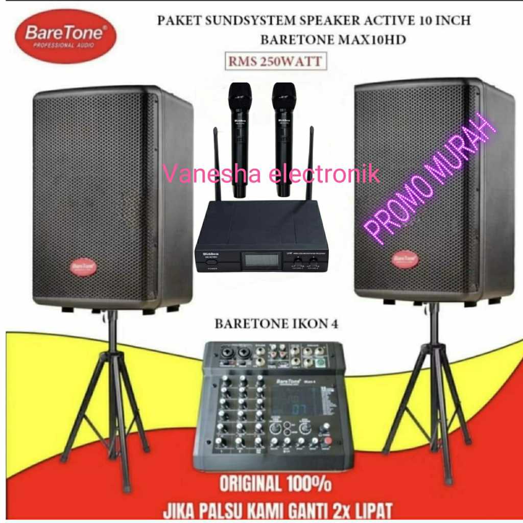 Jual Paket Sound System Speaker Aktif 10 Inch BARETONE MAX10HD, Mixer Baretone Ikon4, 2 Mic ...