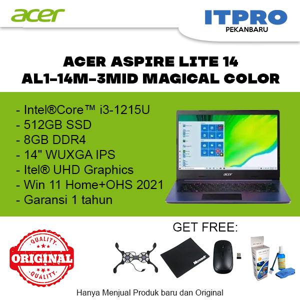 Jual ACER ASPIRE LITE AL1-14M-3MID NOTEBOOK CORE I3-1215U 8GB 512GBSSD ...