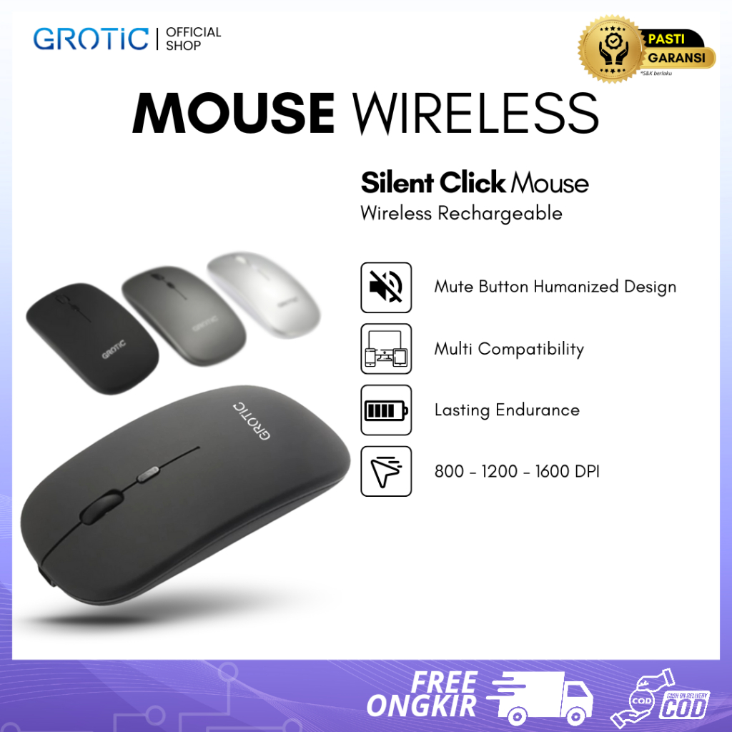 Jual GROTIC Mouse Wireless X1 Silent Rechargeable 2.4Ghz 1600DPI dengan ...