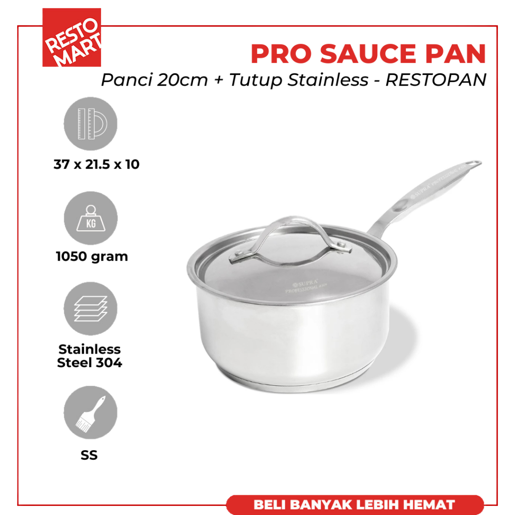 Jual Pro Sauce Pan 20cm + Lid RESTOPAN by SUPRA Stainless Steel 304 ...