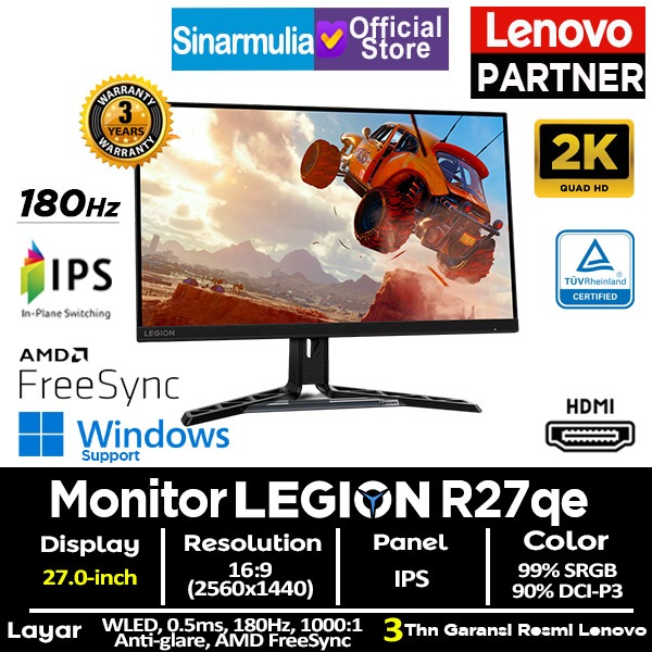 Jual LENOVO Monitor Gaming Legion R27qe IPS 180Hz 0.5ms 2K QHD 99%sRGB ...