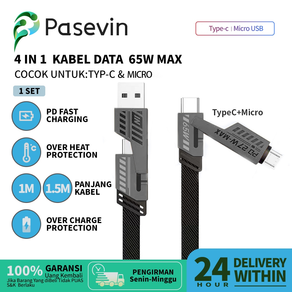 Jual Pasevin Micro USB Kabel Data 4 in 1 65W Fast Charging PD TYPE C TO ...