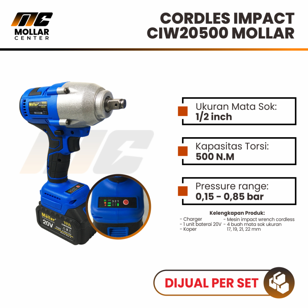 Jual MOLLAR CIW20500 IMPACT WRENCH CORDLESS 500NM ALAT BUKA BAUT ...