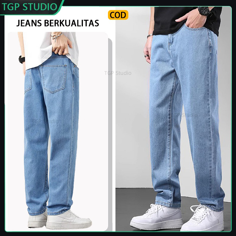 Jual Celana jeans pria celana panjang baggy pants korean style oversize loose blue jeans ...