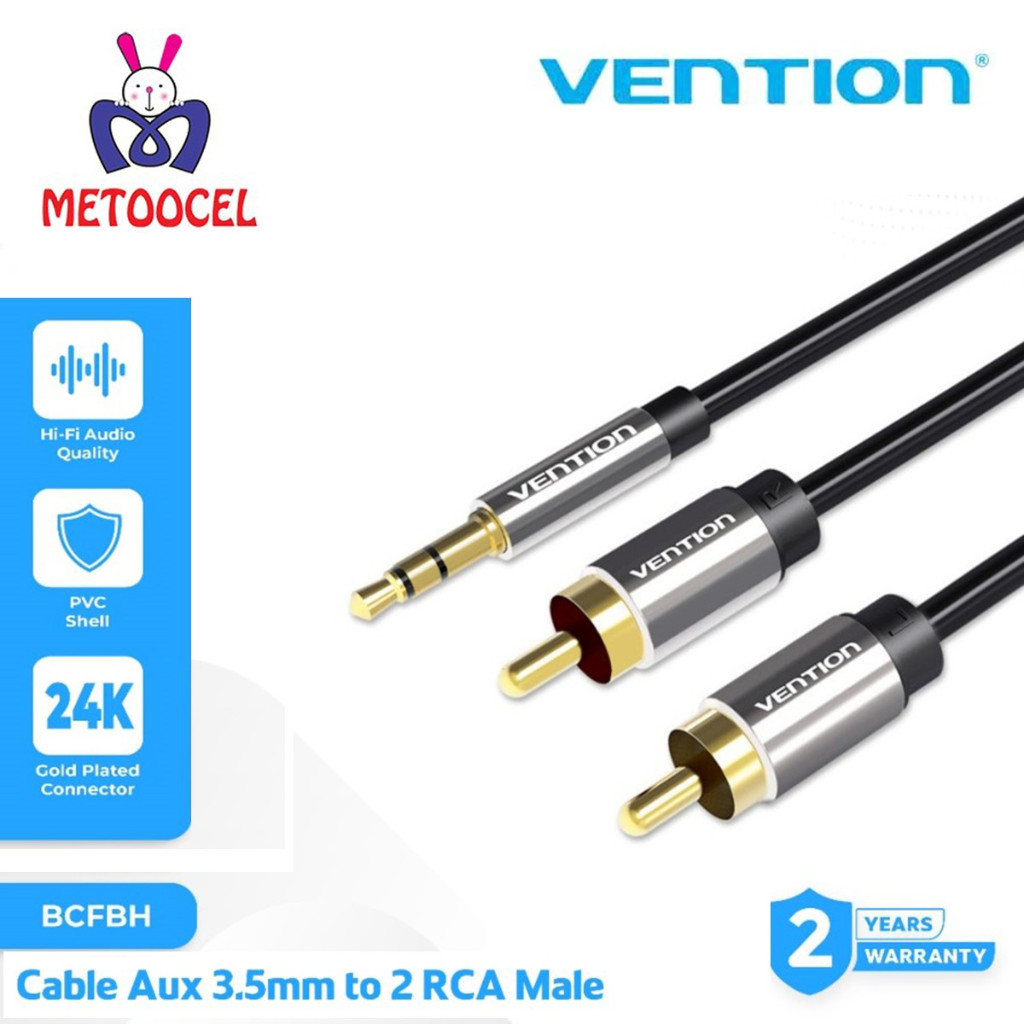 Jual Vention BCFBH Kabel AUX Audio 3.5mm male to 2 RCA Male 2M 2 Meter Black Metal | Shopee ...