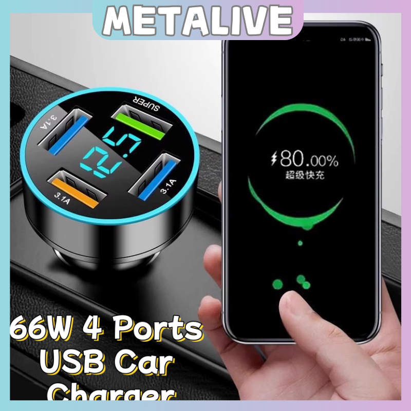 Jual 66W 4 Ports USB Car Charger Fast LED Display Digital Pengisi Daya ...