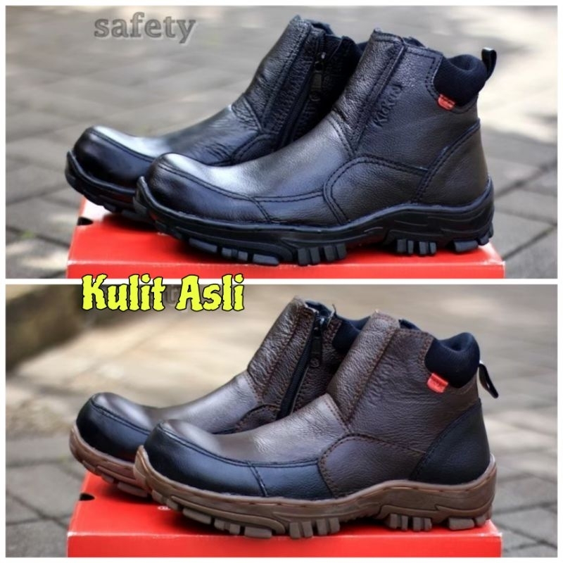 Jual Sepatu Boots Safety Ujung Depan Besi Tinggi Sleting Kulit Asli Sol ...