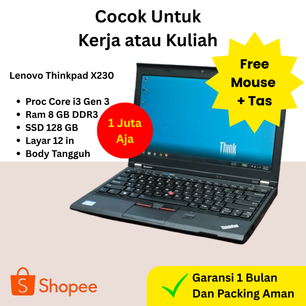 Jual Lenovo Thinkpad x230 core i3 gen 3 | ssd 128GB ram 8GB | Free Mouse dan Tas | Shopee Indonesia