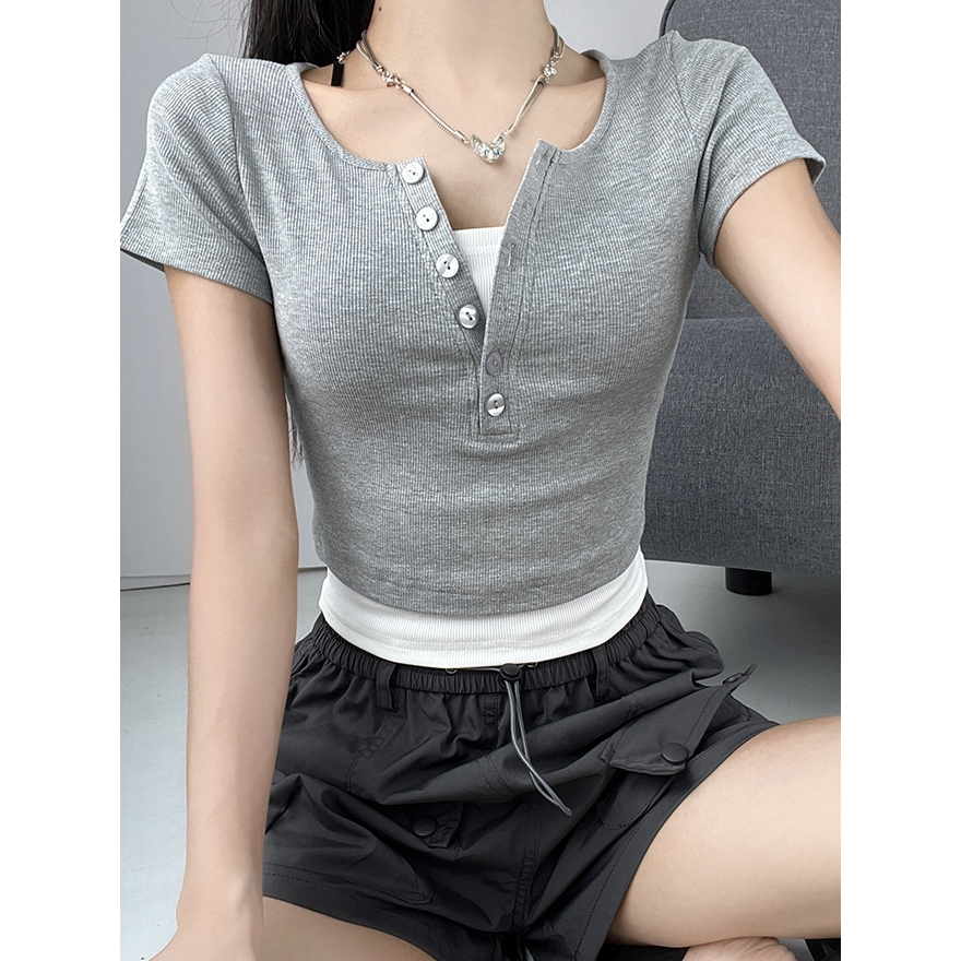 Jual [Premium] 99kOUTLET Women Scoop Neck Crop Top Button Casual T ...