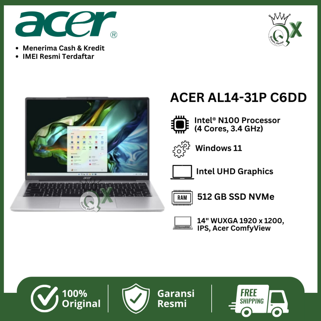 Jual LAPTOP ACER AL14-31P C6DD SILVER RADIANCE CELERON N100, RAM 8GB ...