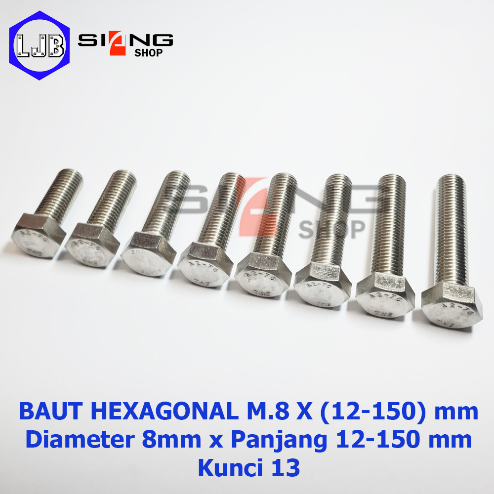 Jual Baut Hex M8 Stainless 304 THE A2-70 Panjang 12 sd 150mm | Shopee Indonesia