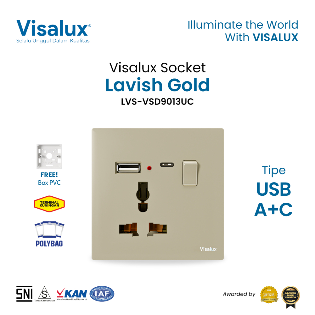 Jual Visalux Stop Kontak Lavish Series USB A + C (13A) - 1G Gold / Stop ...
