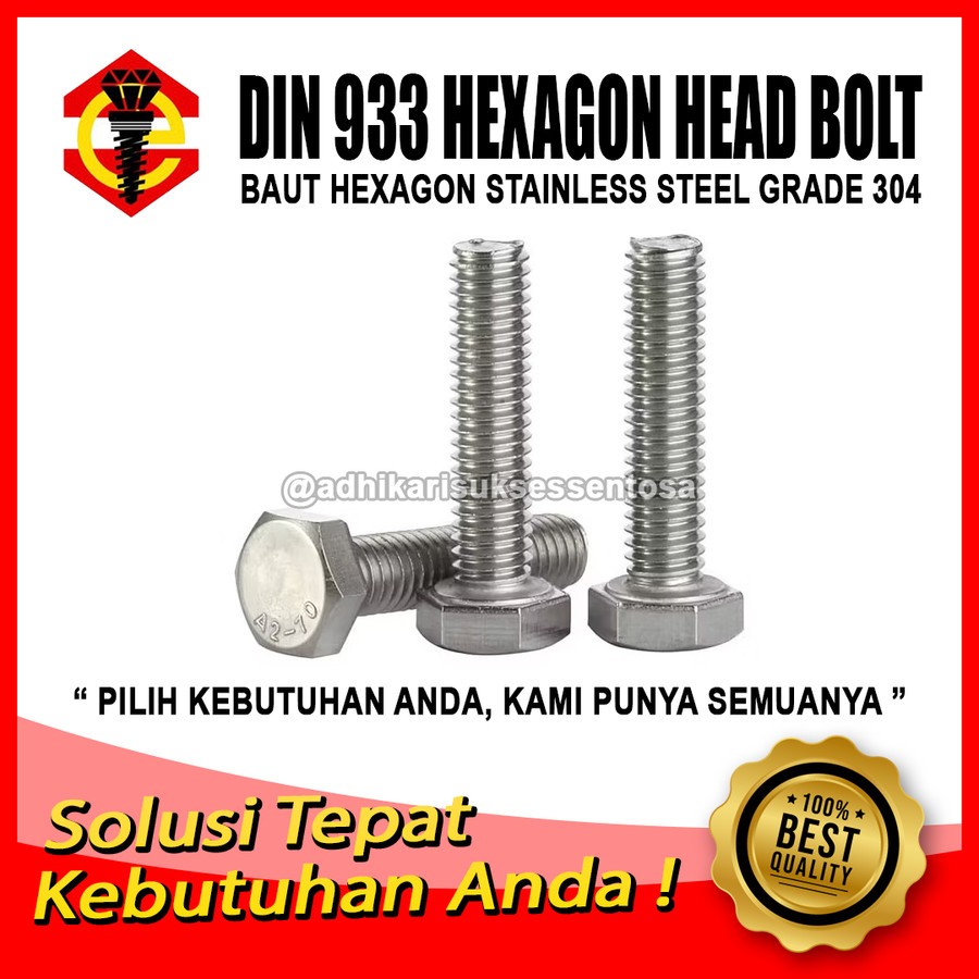 Jual SS 304 / Baut M8x40 / Hex Bolt Stainless M8 Pitch 1,25 Kunci 13 ...