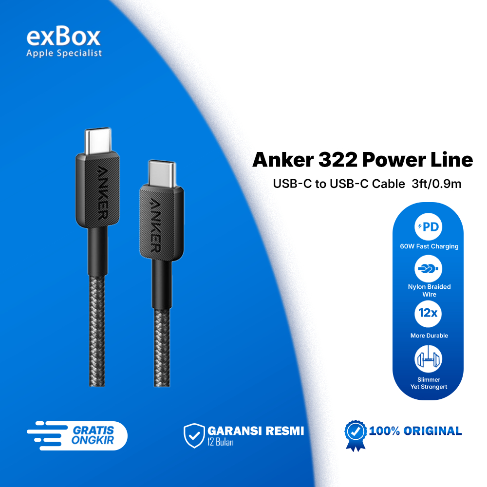Jual Kabel Charger Anker 322 USB-C to USB-C Cable (3ft Braided) | Shopee Indonesia
