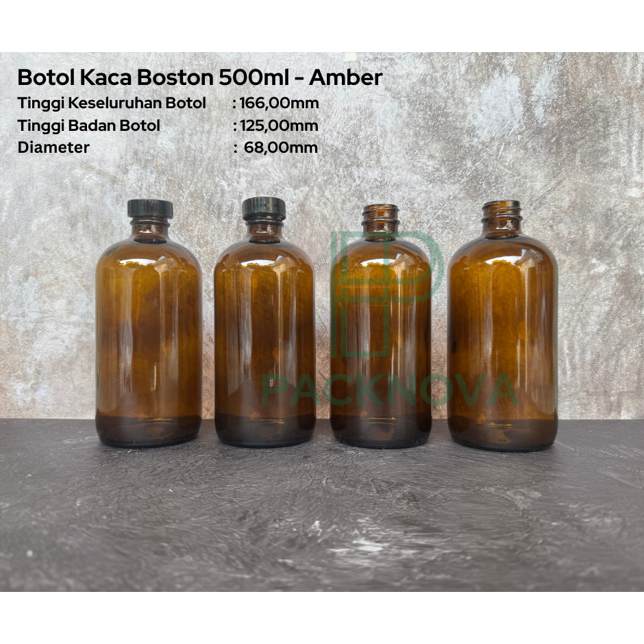 Jual Botol Kaca Amber Boston 500ml - Tutup Plastik Hitam / Tutup ...
