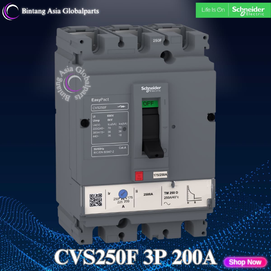 Jual MCCB 3 Phase 200 Ampere Schneider LV525332 Original / MCCB 3p 200a 36kA CVS250F / Breaker 3 ...