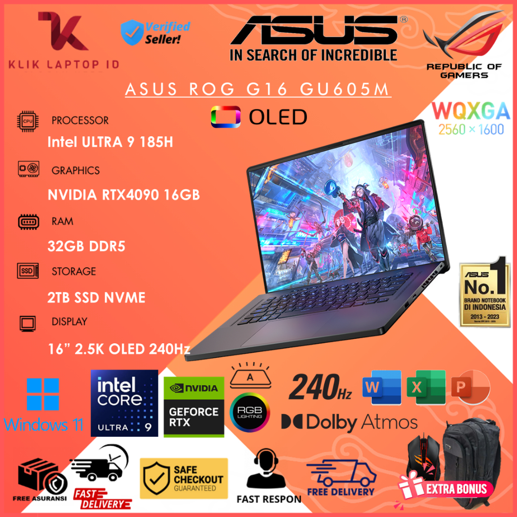 Jual ASUS ROG Zephyrus G16 OLED GU605M Ultra 9 185H RTX4090 16GB | 32GB ...