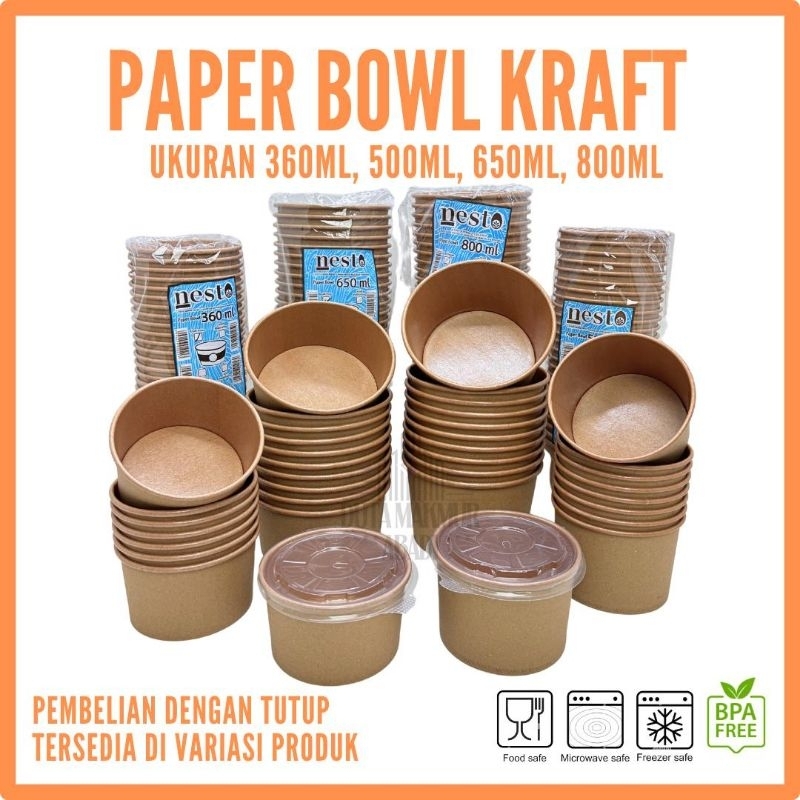 Jual [Isi 25 Pcs] Paper Bowl 360ml 500ml 650ml 800ml KRAFT Coklat / Paper Bowl + Tutup / Mangkok ...