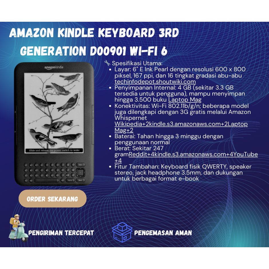 Jual Amazon Kindle Keyboard 3rd Generation D00901 Wi-Fi 6" Display 4GB ...