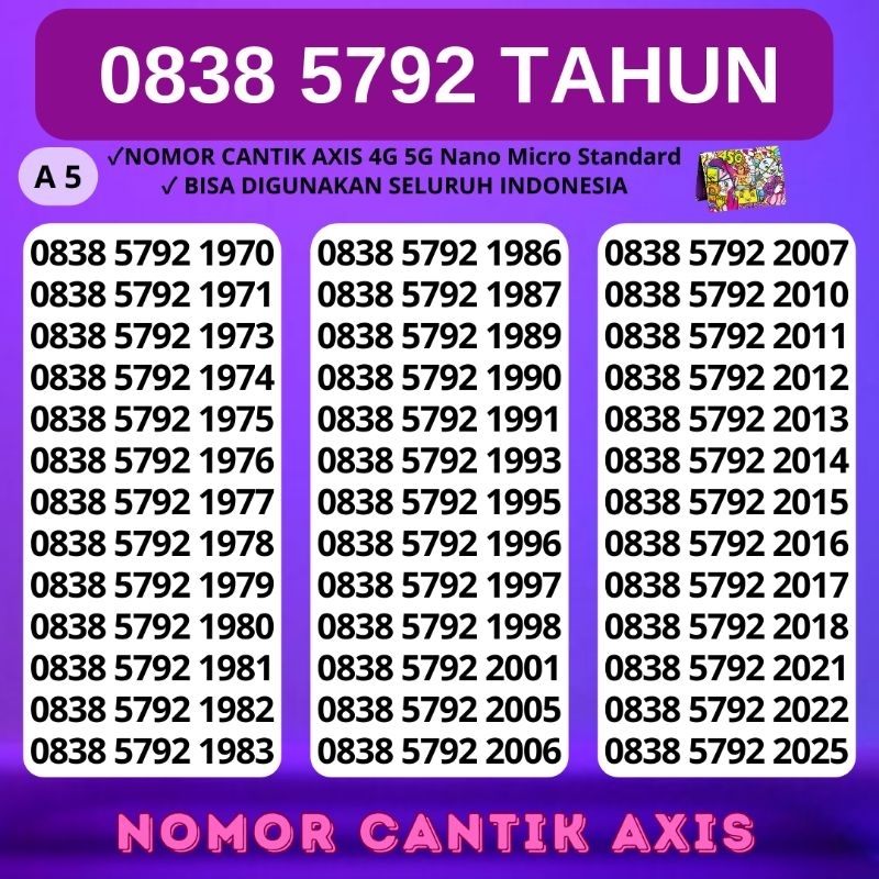 Jual Nomor Cantik Axis Axiata 4G 5G Kartu Perdana Axis Cantik Tahun Lahir 5792 | Shopee Indonesia