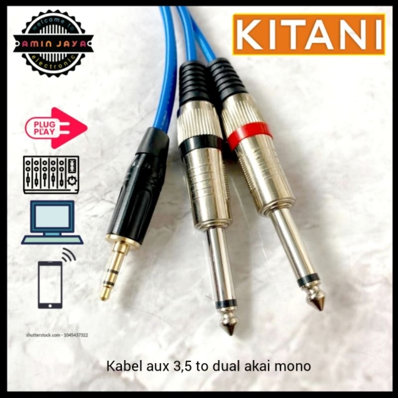 Jual Kabel aux 3,5 mm to dual akai 6,5 / kabel jack mini stereo to dual akai panjang 10 meter ...
