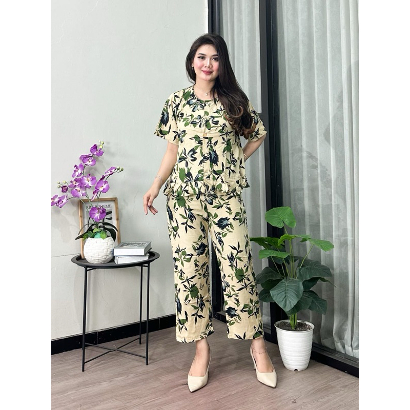 Jual Setelan Wanita Motif Daun Baju Santai Rayon Adem Dan Stylish Untuk ...