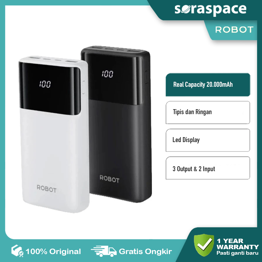 Jual ROBOT Smart Powerbank Fast Charging 20000mAh New RT22S 15W 3 Port ...