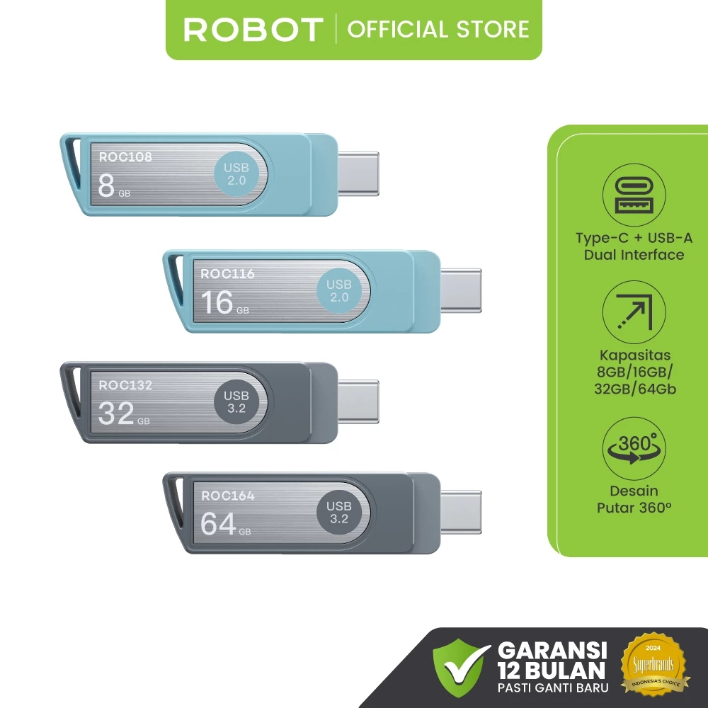 Jual ROBOT ROC Flashdisk 8GB / 16GB / 32GB / 64GB Rotable U-disk Dual ...