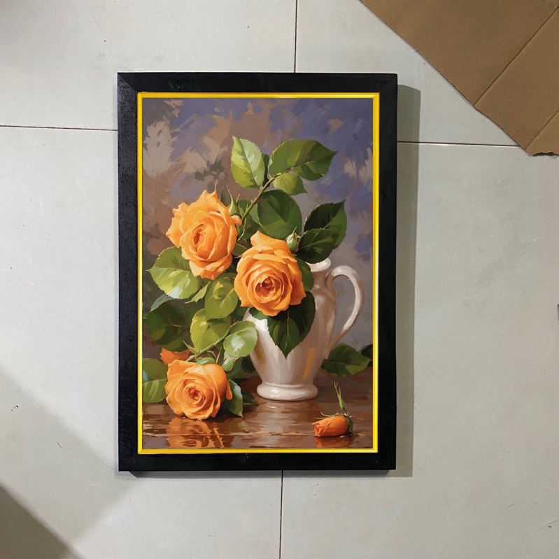 Jual Hiasan dinding lukisan cetak gambar bunga mawar berwarna orange ...
