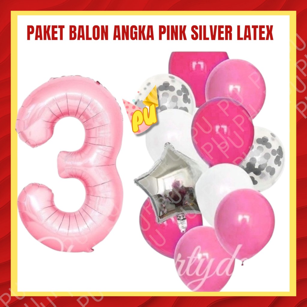 Jual Paket BALON ANGKA PINK SILVER LATEX / DEKORASI ULANG TAHUN SILVER ...