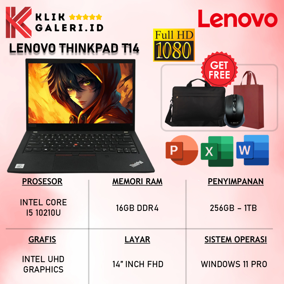 Jual Laptop Kerja Kantor Lenovo Thinkpad T14 Intel i5 10210U Ram 16GB Ssd 1TB 14" Full Hd ...