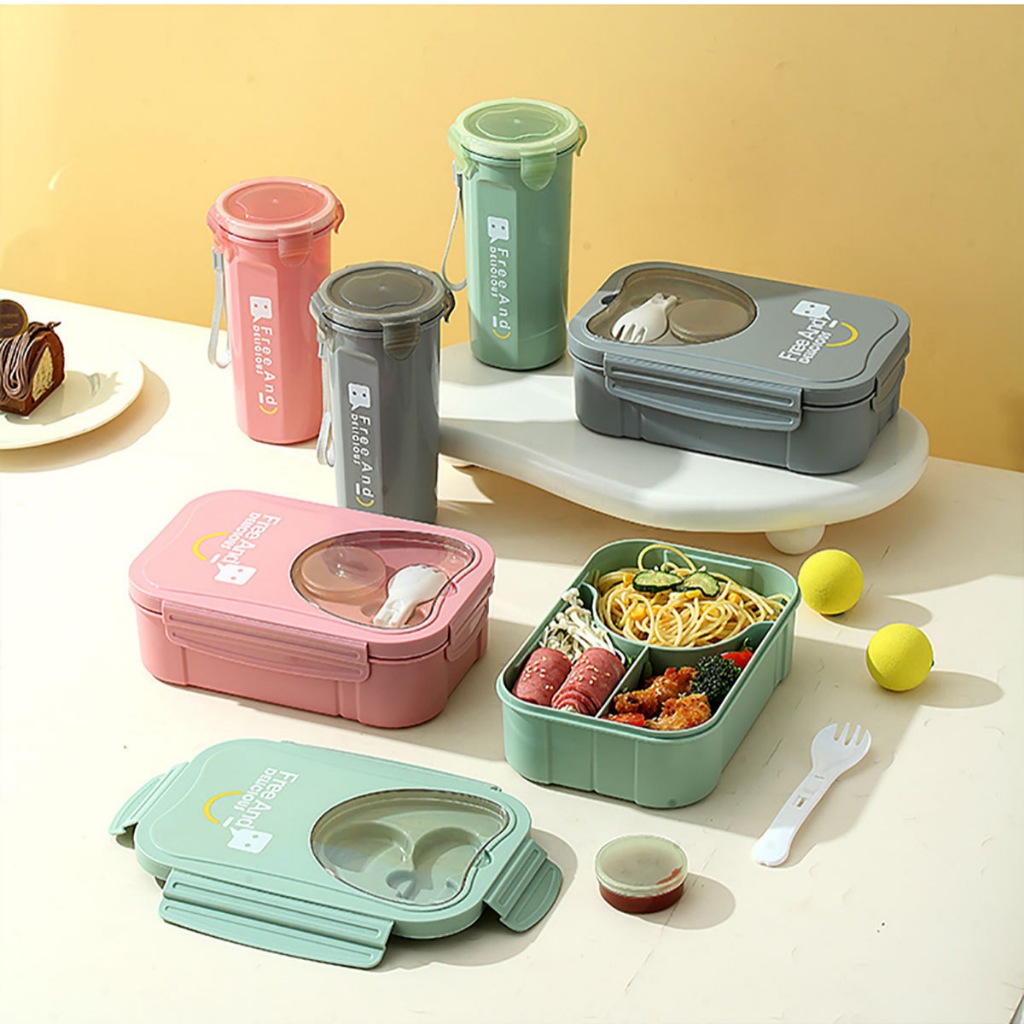 Jual LUNCH BOX BENTO SET BOTOL MINUM KOTAK MAKAN DELICIOUS 3 SEKAT BPA FREE ANTI TUMPAH 1000ML ...