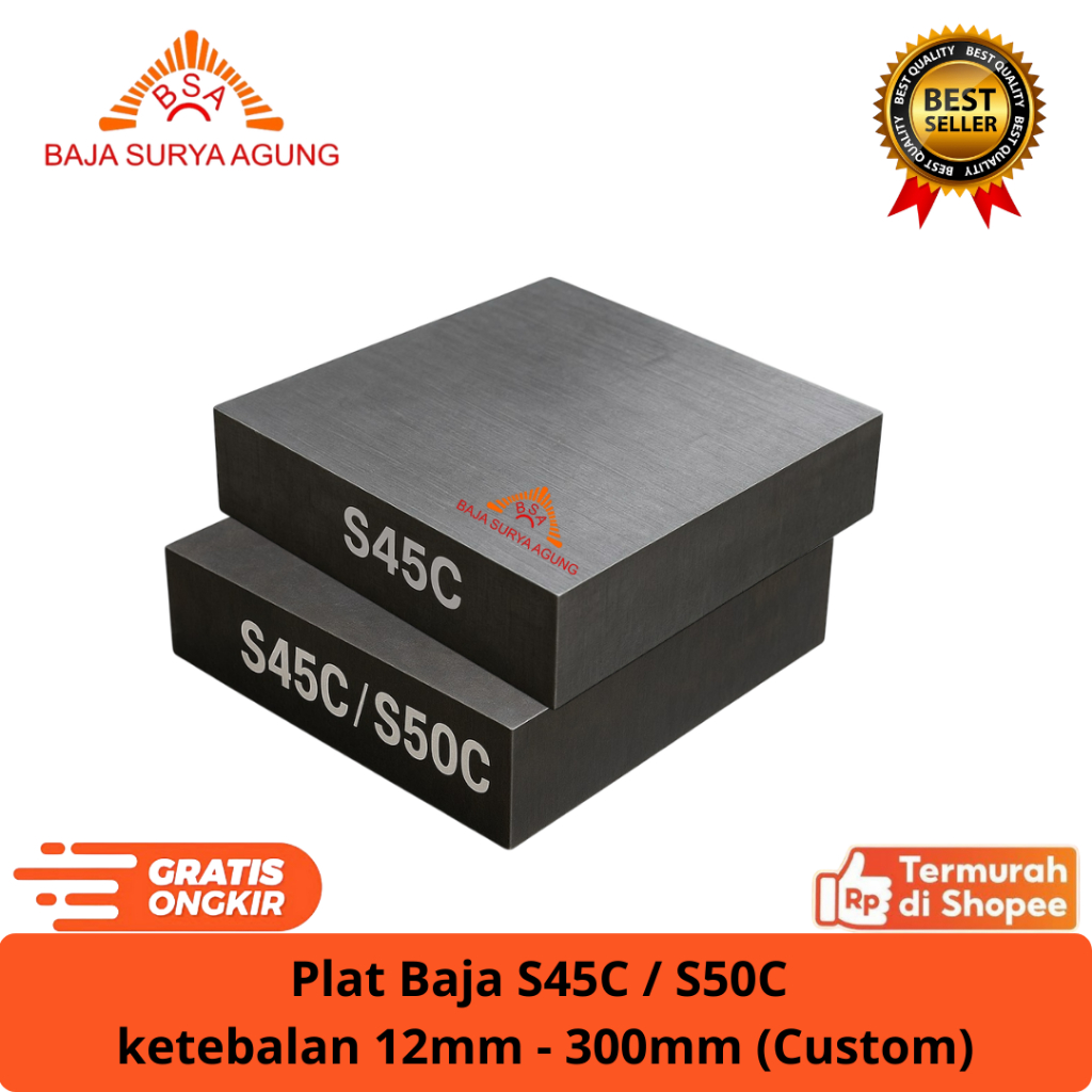 Jual Plat Baja S45C / S50C tebal 16mm, 20mm, 50mm, 100mm, 200mm ukuran custom bisa request ...
