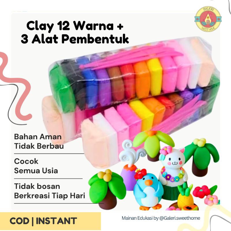 Jual Polymer Clay Anak 12 Warna Mainan Edukasi DIY + 3 Pisau Pembentuk ...