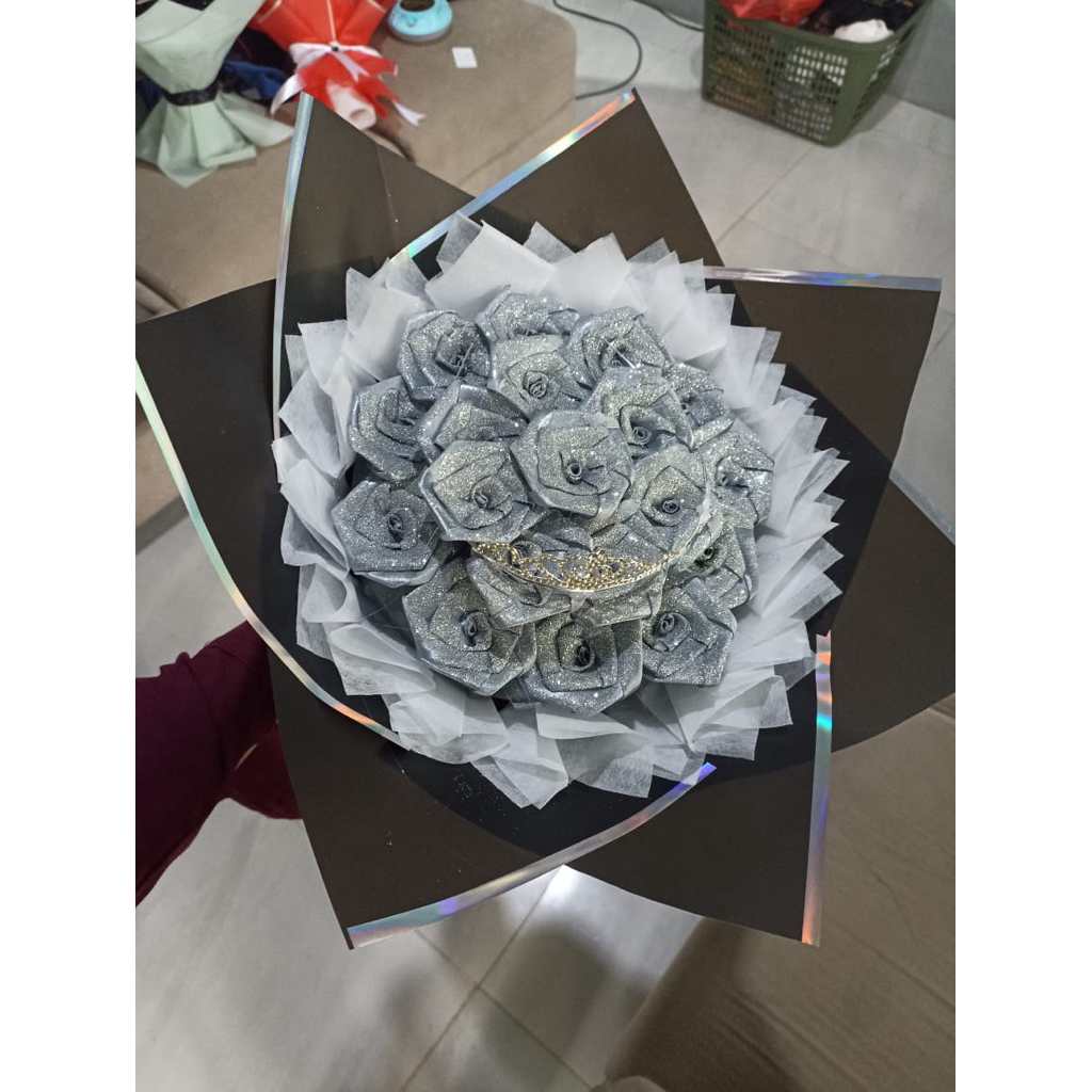 Jual BUKET BUNGA PITA SATIN GLITER TERMURAH 19 TANGKAI ,bisa tambah mahkota dan tulisan | Shopee ...