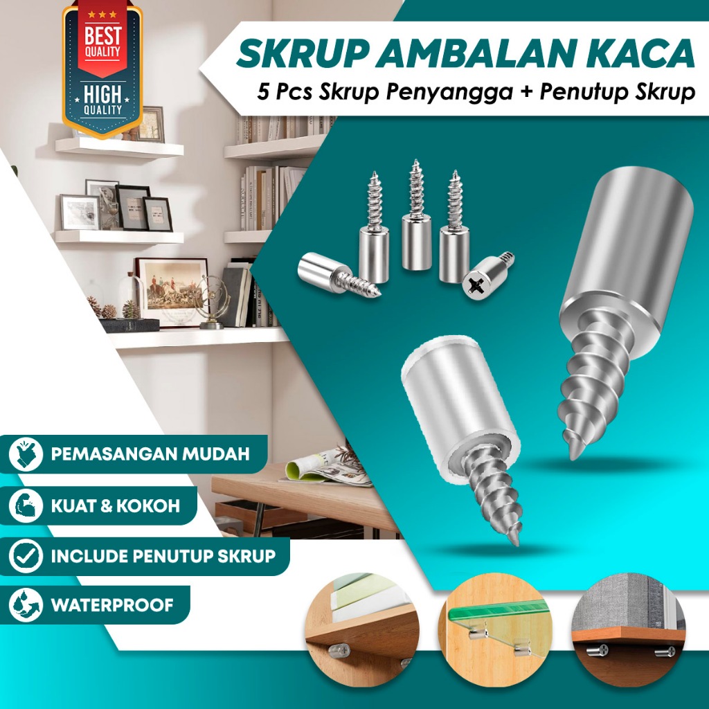 Jual 5 PCS Sekrup + Penutup Penyangga Ambalan Kaca Kayu – Skrup Bulat Penahan Papan Kayu 5 PCS ...