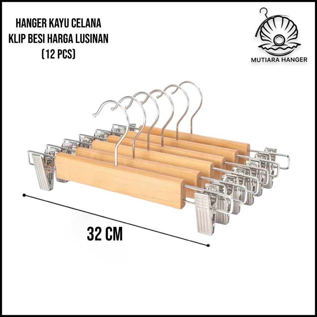 Jual Hanger jepit kayu NATURAL DEWASA klip besi harga LUSINAN 12 PCS ...