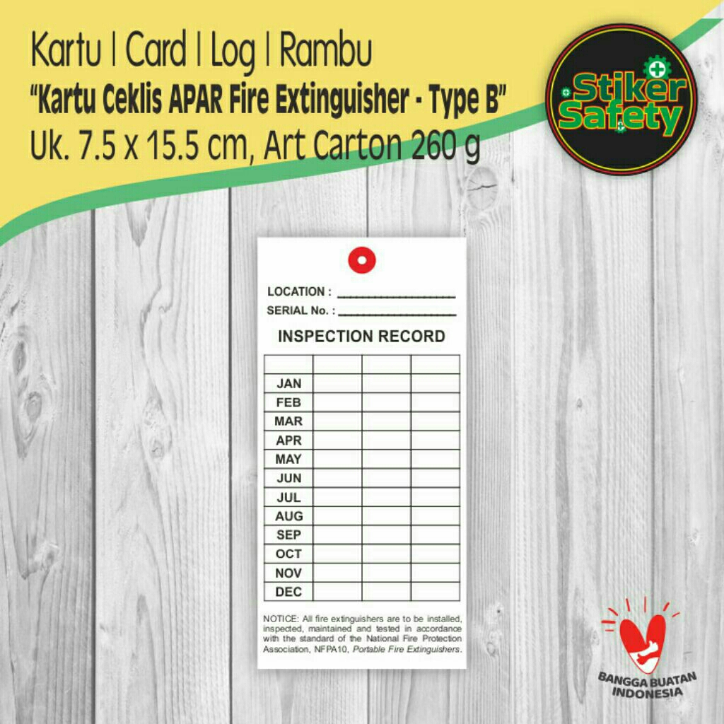 Jual Kartu Log Ceklis Perawatan APAR | Fire Extinguisher Record - Tipe B | Shopee Indonesia