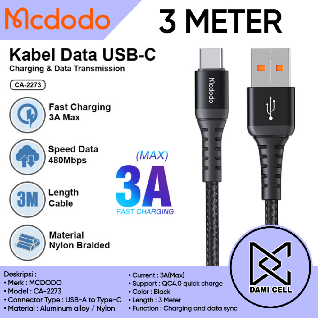 Jual Kabel Data USB Type C 3 Meter Cable Charge Android Tepsi Fast ...