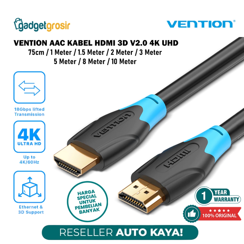 Jual Vention Kabel HDMI to HDMI Male 4K 60Hz UHD Round / Flat Cable 4K 60Hz HDR Support 3D ...