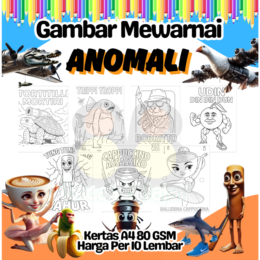Jual 10 Lembar Kertas A4 Gambar Mewarnai Tema ANOMALI TUNG TUNG SAHUR Termurah - Anak Anak TK SD ...
