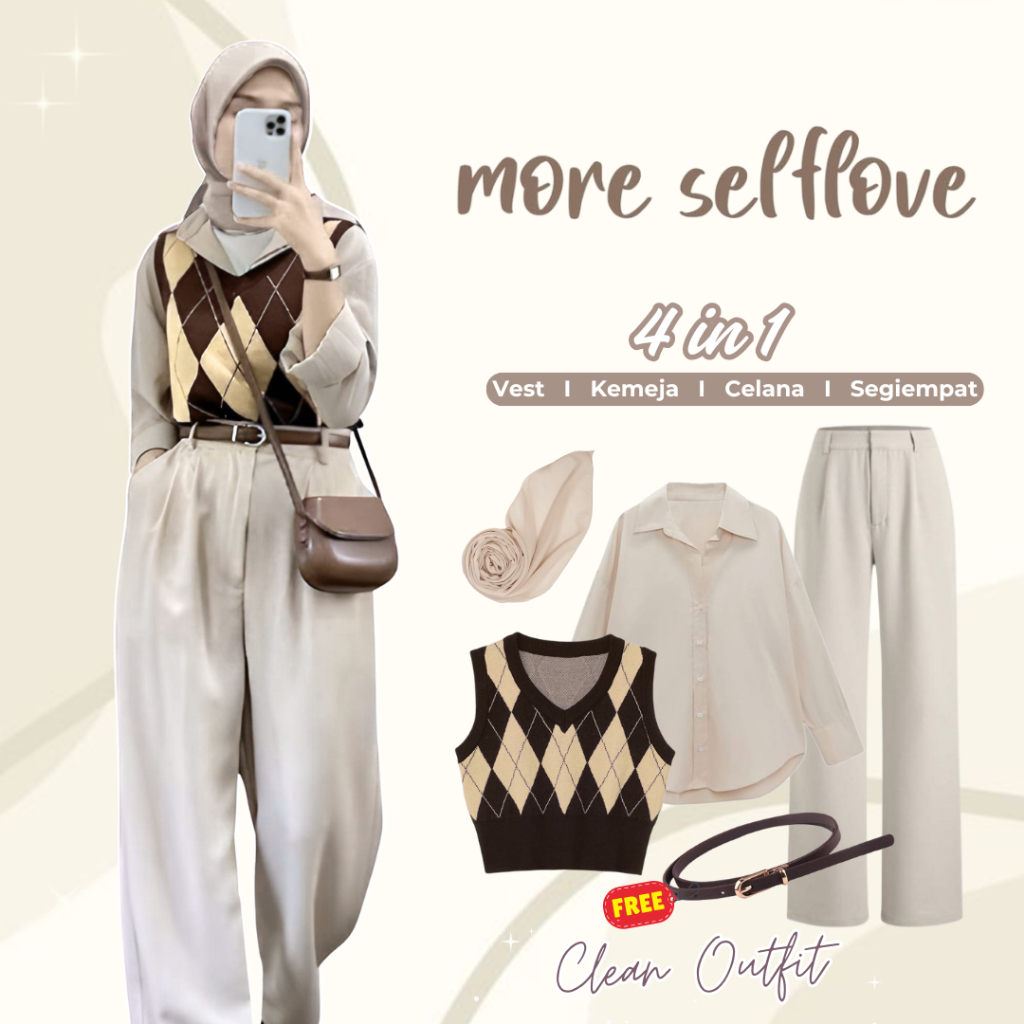 Jual One Set Korean Style 4in1 / Vest + Kemeja + Celana + Bella Square / Outfit Hijab / One Set ...