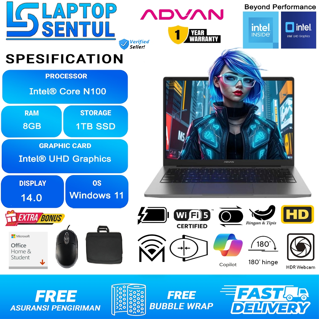 Jual Laptop Advan T-Book Intel N100 Ram 8GB 512GB SSD Windows 11 Office ...