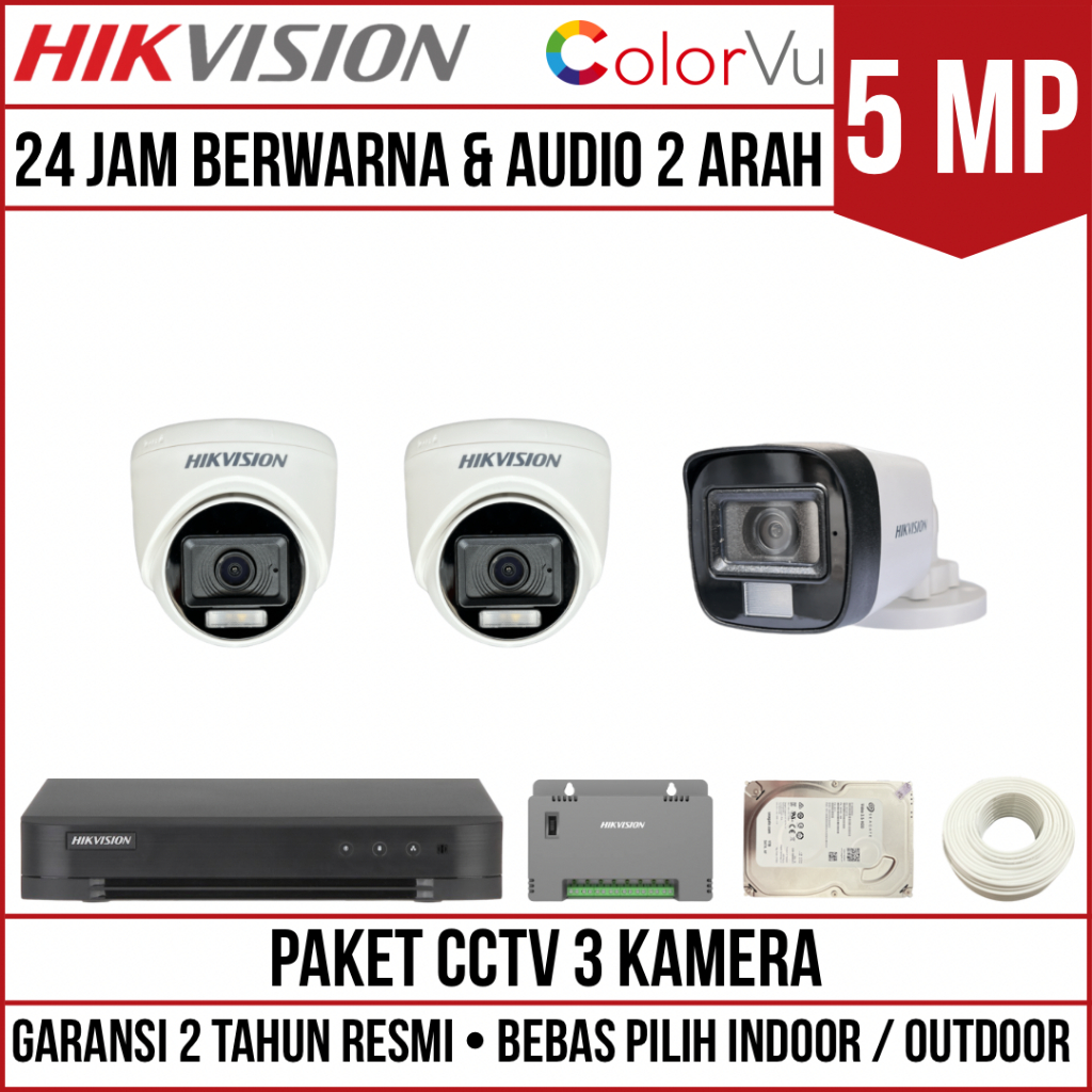 Jual PAKET CCTV HIKVISION COLORVU 5MP 3K 4 CHANNEL 3 CAMERA TWO WAY ...