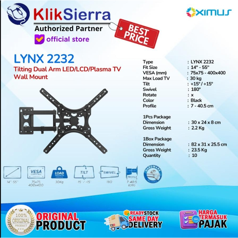 Jual Bracket TV LED LCD Monitor Oximus Lynx 2232 14" - 55" Swivel Tilt ...
