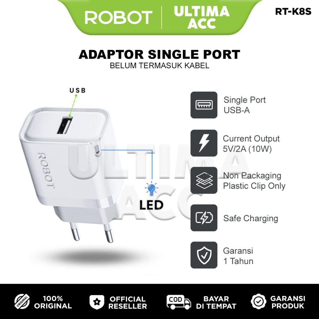 Jual ROBOT Adaptor Kepala Charger RT-K8S Batok Casan HP Quick Charging ...