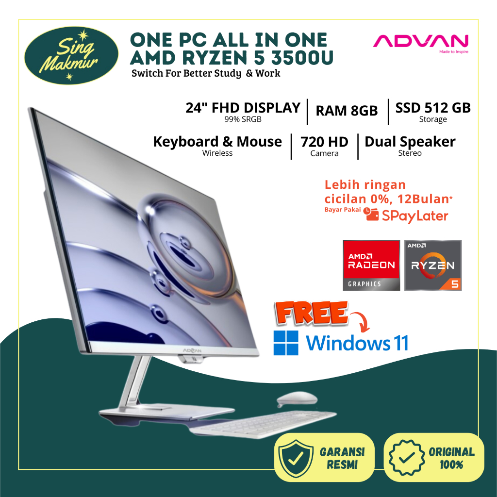 Jual Advan OnePC AIO All-in-One Desktop 24" inch AMD Ryzen 5 3500U FHD 8GB/512GB 99% SRGB ...