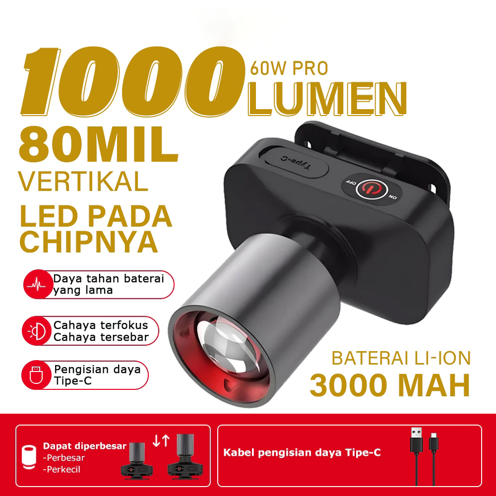Jual AOKI SENTER KEPALA ZOOM SUPER TERANG LED 60W RECHARGEABLE USB TYPE C / Senter Kepala Super ...